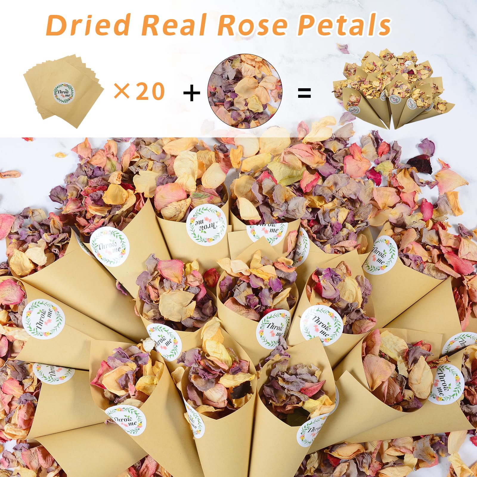 20+ Cups Real Rose Petals Biodegradable Wedding Flower Confetti, 2 QT Mixed Yellow Purple Pink Dried Roses Petals for Wedding Proposal Bath Valentine's Day Party Flower Girl