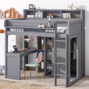 bekeknlny modern twin size loft bed with built-in desk,wood loft bed with multiple storage shelves and wardrobe for bedroom (grey/built-in desk, twin)