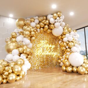 white and gold balloon arch kit, 140pcs matte white metallic gold and gold confetti party balloon garland kit for wedding, engagements, birthday, bridal shower, baby shower anniversary decorations