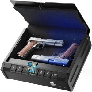 onnais iron pro biometric fingerprint gun safe for handgun: swift entry gun lock box featuring with interior light and emergency power supply: pistol safe for home, bedside, nightstand, and car