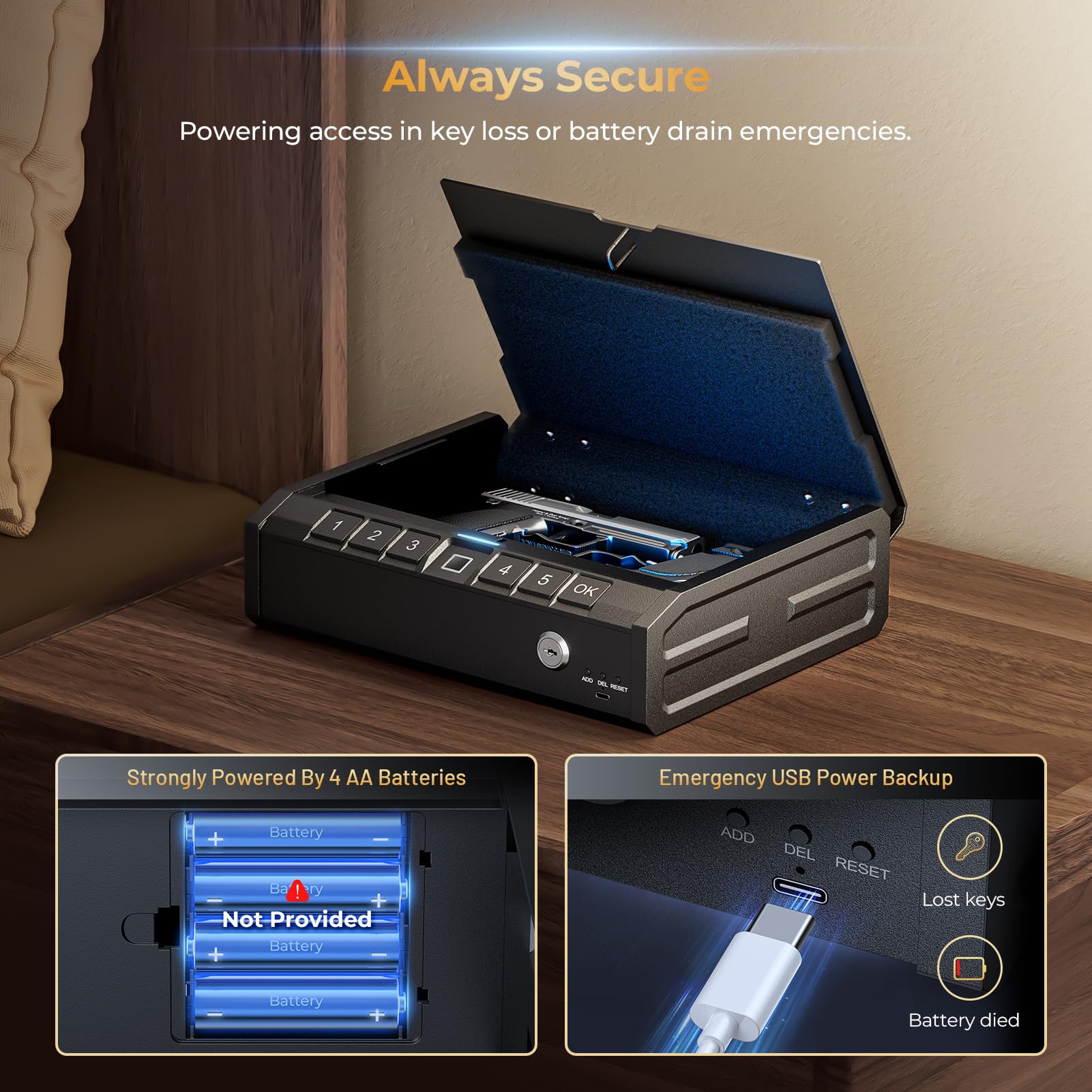 ONNAIS Iron PRO Biometric Fingerprint Gun Safe for Handgun: Swift Entry Gun Lock Box Featuring with Interior Light and Emergency Power Supply: Pistol Safe for Home, Bedside, Nightstand, and Car