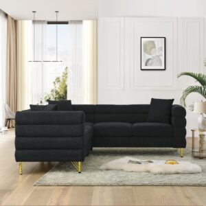 Comfy Boucle L Shaped Sofa, 81.5" Oversized Sectional Couch with Deep Seated Design, Upholstered Corner Sofa Couch with 3 Pillows, Modern Couches for Living Room, Apartment, Waiting Room, Black Teddy