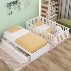 Twin Bed Frame with Rails and Storage Drawers, Can Be Divided into A Twin Size Floor Bed with Fence and A Daybed with 2 Drawers, Wood Montessori Beds for Kids Boys Girls Teens, White