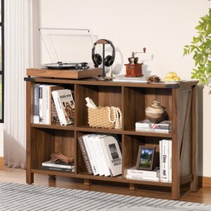 joaxswe farmhouse 6 cube book shelf, wood 3 tier storage organizer bookshelf, brown walnut 47" horizontal cubby bookcase with legs, rustic entryway book case, long display cabinet for bedroom, office