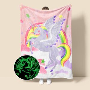 unicorn glow in the dark blanket for girls kids soft luminous pink unicorn throw blanket birthday gift for age 1-15 year old girls room decor gift 50"x60"