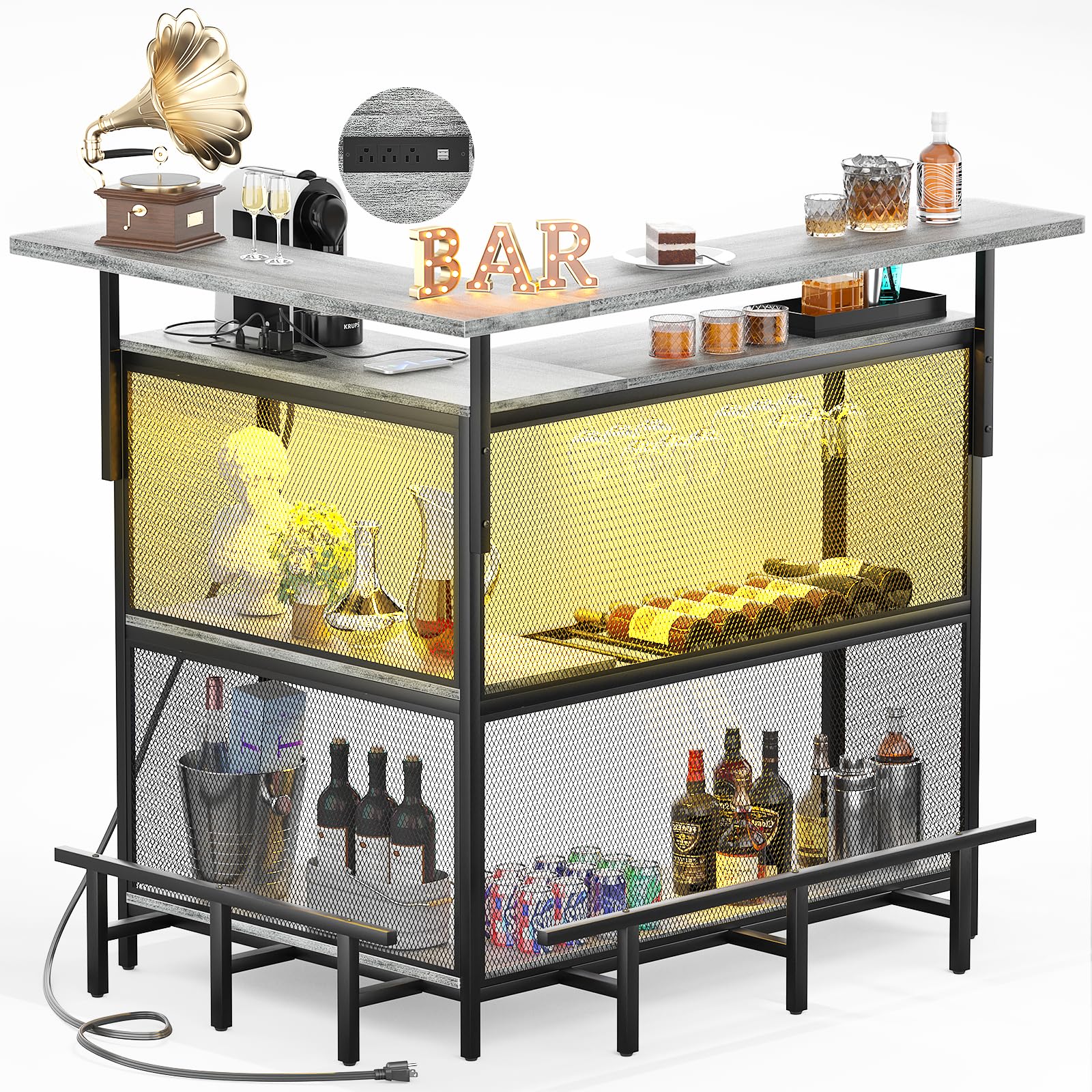 Hyomdeck L Shaped Home Bar with Power Outlet & LED Light, Corner Bar Cabinet with Footrest, Liquor Cabinet with Wine Glass Rack, Coffee Bar Table with Storage for Home Kitchen, Dining Room, Light Oak