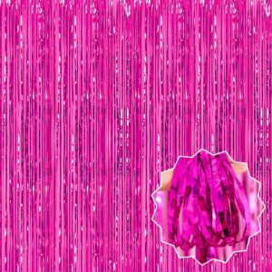 3 pack fuchsia foil fringe curtains backdrop, 3.28 x 8.2 ft metallic streamers tinsel curtains background for photo booth, birthday, halloween, christmas, thanksgiving, new year party decorations