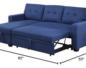 XDOUT L-Shape Sofa Sectional Convertible Sleeper with Storage Chaise and Pull-Out Bed, Linen Upholstered Reversible Corner 3 Person Couch, for Living Room, Apartment, 82", 82inch, Dark Blue