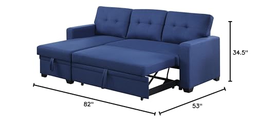 XDOUT L-Shape Sofa Sectional Convertible Sleeper with Storage Chaise and Pull-Out Bed, Linen Upholstered Reversible Corner 3 Person Couch, for Living Room, Apartment, 82", 82inch, Dark Blue