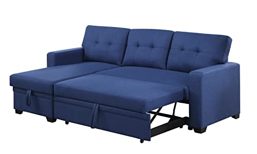 XDOUT L-Shape Sofa Sectional Convertible Sleeper with Storage Chaise and Pull-Out Bed, Linen Upholstered Reversible Corner 3 Person Couch, for Living Room, Apartment, 82", 82inch, Dark Blue