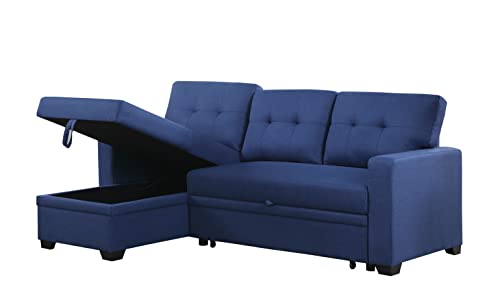 XDOUT L-Shape Sofa Sectional Convertible Sleeper with Storage Chaise and Pull-Out Bed, Linen Upholstered Reversible Corner 3 Person Couch, for Living Room, Apartment, 82", 82inch, Dark Blue