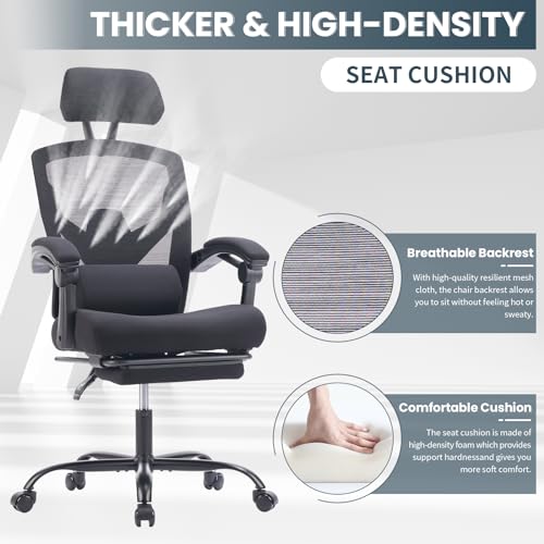 Ergonomic Office Chair with Footrest, Computer Desk Chair for Adults, High Back Mesh Rolling Swivel Reclining Chairs with Wheels Headrest Armrest, Black