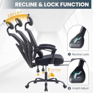 Ergonomic Office Chair with Footrest, Computer Desk Chair for Adults, High Back Mesh Rolling Swivel Reclining Chairs with Wheels Headrest Armrest, Black