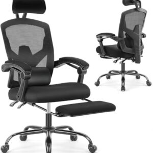 Ergonomic Office Chair with Footrest, Computer Desk Chair for Adults, High Back Mesh Rolling Swivel Reclining Chairs with Wheels Headrest Armrest, Black