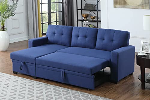 XDOUT L-Shape Sofa Sectional Convertible Sleeper with Storage Chaise and Pull-Out Bed, Linen Upholstered Reversible Corner 3 Person Couch, for Living Room, Apartment, 82", 82inch, Dark Blue