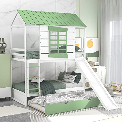 BOVZA Twin Over Twin Size House Bunk Bed with Slide and Trundle, Wood Playhouse Bunk Bed Frames with Convertible Slide and Ladder for Kids Girls Boys