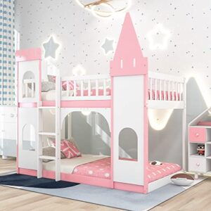 BOVZA Castle Bed Kids Bunk Bed Twin Over Twin with Ladder and Safety Guardrails for Girls Boys, Pink