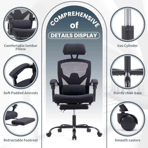 Ergonomic Office Chair with Footrest, Computer Desk Chair for Adults, High Back Mesh Rolling Swivel Reclining Chairs with Wheels Headrest Armrest, Black