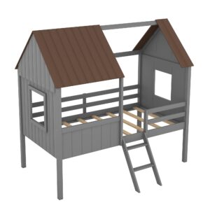 BOVZA Twin Size Low Loft Bed, Wood Kids House Bed with Two Side Windows and Roof for Kids Girls Boys, Gray+Brown