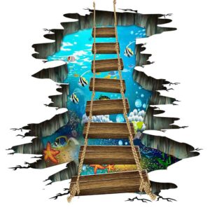 quanhaigou 3d floor stickers,sea world fish ocean wooden bridge pvc art wall decal for bathroom living room nursery bedroom removable decor