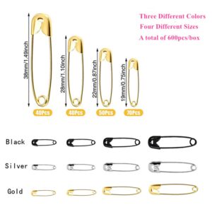 600 Pcs Safety Pins Assorted, 4 Sizes Large and Small Safety Pins for Clothes,Black Gold Silver Safety Pins Rust Resistant for Art,Crafts, Sewing and Jewelry Making