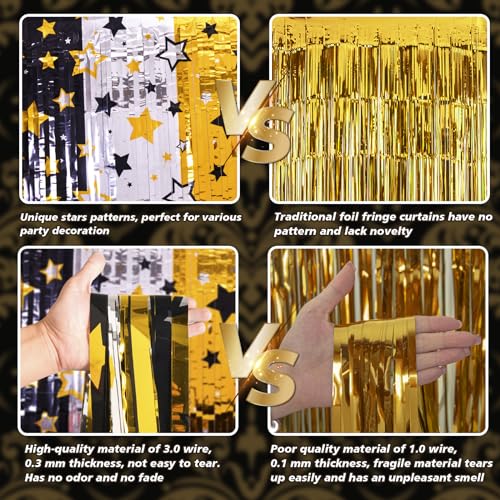 LOLStar New Years Decorations 2025 Black Silver Gold 2Packs Foil Fringe Curtains 3.3X6.6ft Each,Star Pattern is Perfect for New Years Eve Party Supplies,Black and Gold Happy Birthday Party Decorations