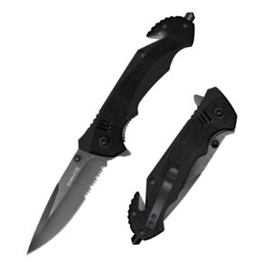 emhtiii multitool folding pocket knife with seatbelt cutter and window glass breaker - 3.54" sreated blade, g10 scales, survival knives for rescue, edc gifts for men, black