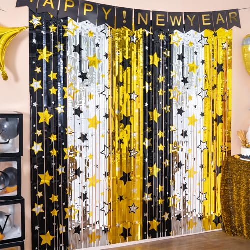 LOLStar New Years Decorations 2025 Black Silver Gold 2Packs Foil Fringe Curtains 3.3X6.6ft Each,Star Pattern is Perfect for New Years Eve Party Supplies,Black and Gold Happy Birthday Party Decorations