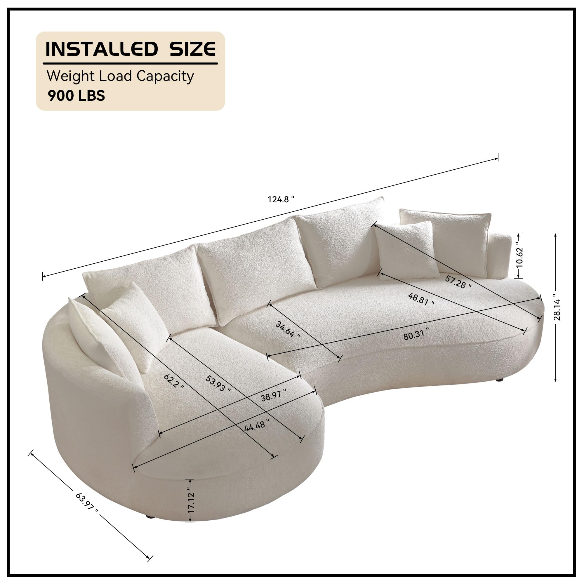 HanStrong Curved Sofa 124.8" L Shaped Sectional Sofa Couch, 4 Seat Cream Sofa Comfy Upholstery Boucle Fabric Couch with Left Chaise and Pillows for Living Room Bedroom Apartment Home Office