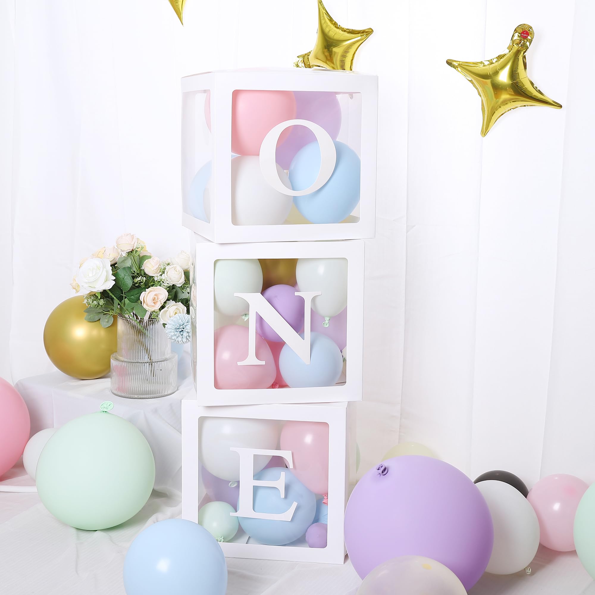 HPLYEL One Boxes for 1st Birthday, 3PCS Balloon Boxes Decorations for Baby Shower Birthday Decoration with ONE Letters for Boys and Girls 1 Year Old Birthday Party Backdrop Photoshoot Props (White)