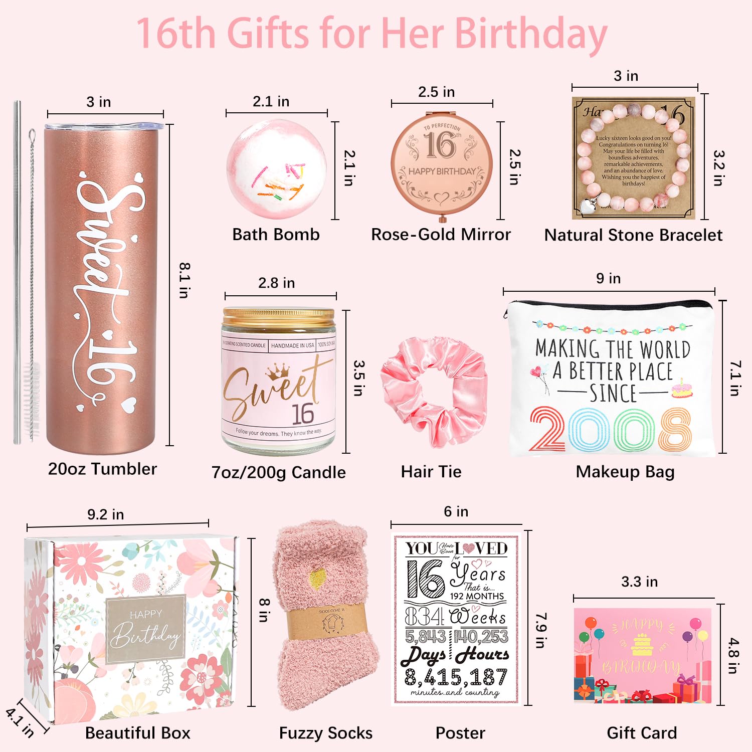 16th Birthday Gifts for Girls, Sweet 16 Birthday Gift Ideas, 10 Pieces Unique 16th Birthday Gifts for Daughter, Niece, Granddaughter, 16th Birthday Gifts for Her, Happy 16 16th Birthday Gifts