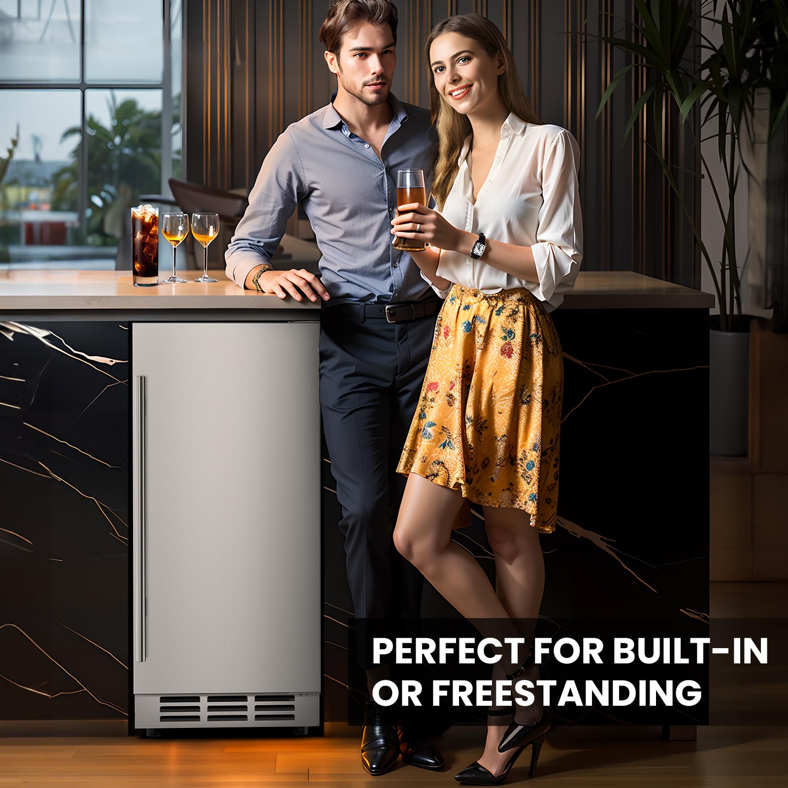 15 Inch Outdoor Beverage Refrigerator, Weather Proof Stainless Steel Undercounter Beverage Fridge with Removable Shelves, 80 Cans Built-in/Freestanding Beer Cooler for Patio and Kitchen