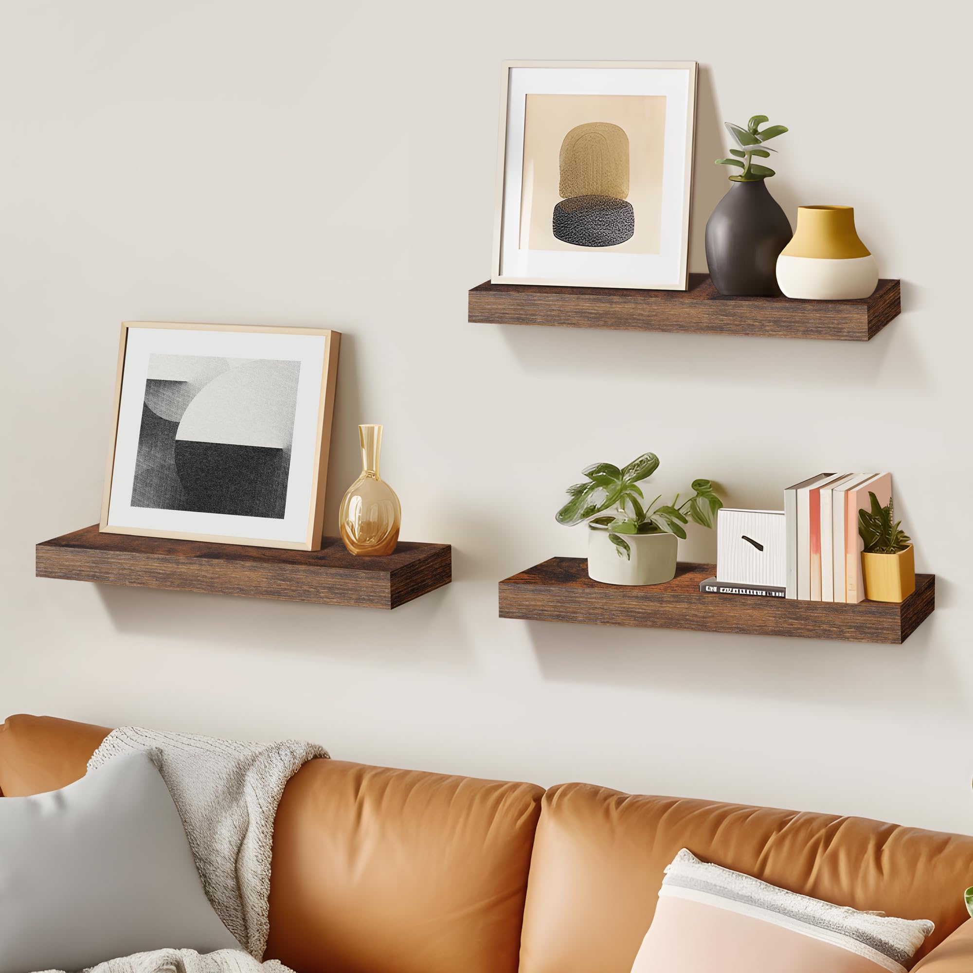 LaVie Home Floating Shelves, 15.6 Inch Wall Shelf Set of 3, Hanging Shelf with Invisible Brackets, Wall Decor for Bathroom, Bedroom, Living Room, Kitchen Storage, Rustic Brown