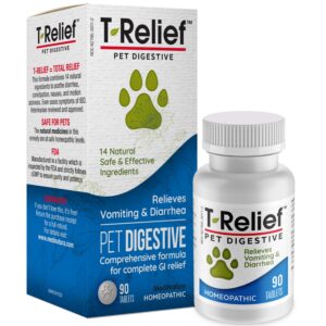 t-relief pet digestive complete gi relief for dog & cat soothing aloe + 13 natural homeopathic actives help calm nausea & diarrhea from mild illness food stress or motion sickness - 90 tablets