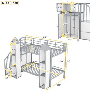 Favfurish Twin Over Twin Castle-Shaped Bunk Bed with Wardrobe,Open Storage cabinets,a Storage Staircase and guardrails,Metal Stairway BunkBed for Kids Boys/Girls/Teens,Gray+White