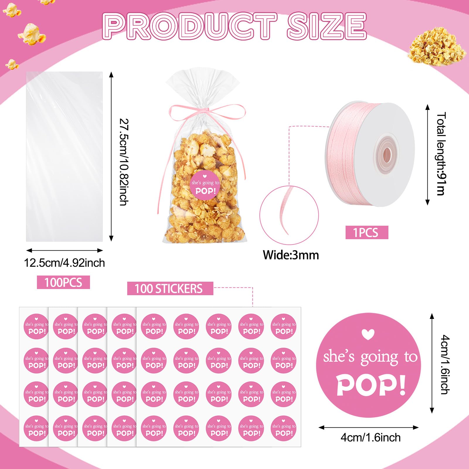 Menkxi 100 Pack Clear Popcorn Bags Bulk 4.92 x 10.83 Inch Cellophane Treat Bags with She Is Going to Pop Label and Ribbon Plastic Popcorn Bags for Gift Wrapping, Food Storage, Baby Shower Decor(Pink)