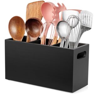 alelion large utensil holder with removable divider - 3 compartment wooden utensil caddy organizer for kitchen counter - black cooking utensil crock for countertop