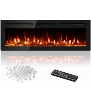 manastin 60 inch electric fireplace in-wall recessed and wall mounted with remote control, 1500/750w fireplace heater (60-99°f thermostat) with 12 adjustable color, timer, log and crystal