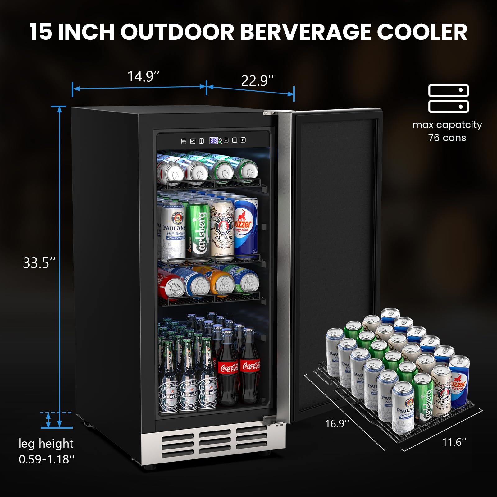 15 Inch Outdoor Beverage Refrigerator, Weather Proof Stainless Steel Undercounter Beverage Fridge with Removable Shelves, 80 Cans Built-in/Freestanding Beer Cooler for Patio and Kitchen