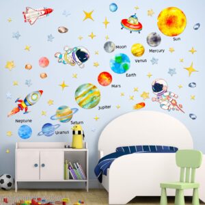 suplanet solar system wall decal, space themed bedroom decor astronaut decor, space nursery decor kids wall decals peel and stick wallpaper, space wall decor for girls room, space decor for boys room