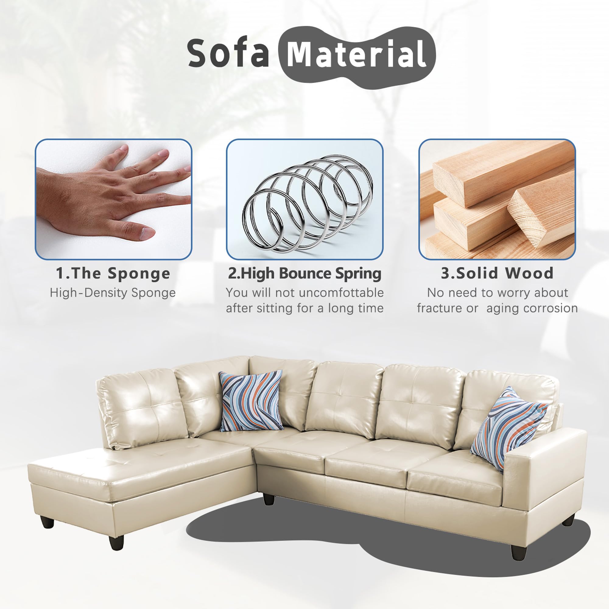 SumKea L-Shaped Sectional Sofa Set 5-Seat Luxurious Faux Leather Couches for Living Room, Left Facing Chaise with Pillows, Space-Saving Design, Latte