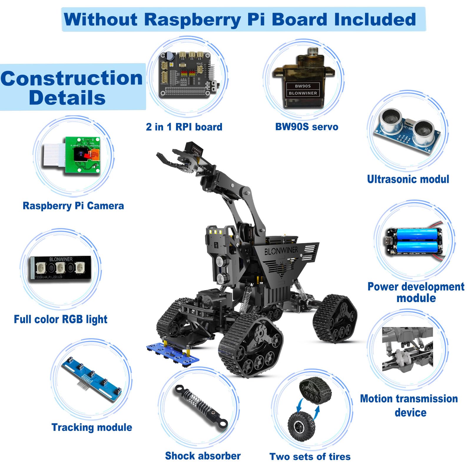 BLONWINER Robot Car Kit, 2 in 1 Smart Robotics Arm Building Toy for Raspberry Pi Python Coding, STEM Programming Tank Kits with Camera (Without RPi Board)