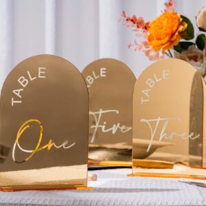 20 pcs gold mirror wedding table numbers with stands 1-20, 5x7 inch acrylic arch signs and holders, table number for wedding reception, restaurant, party, event (gold mirror table number1-20, 5"x7")