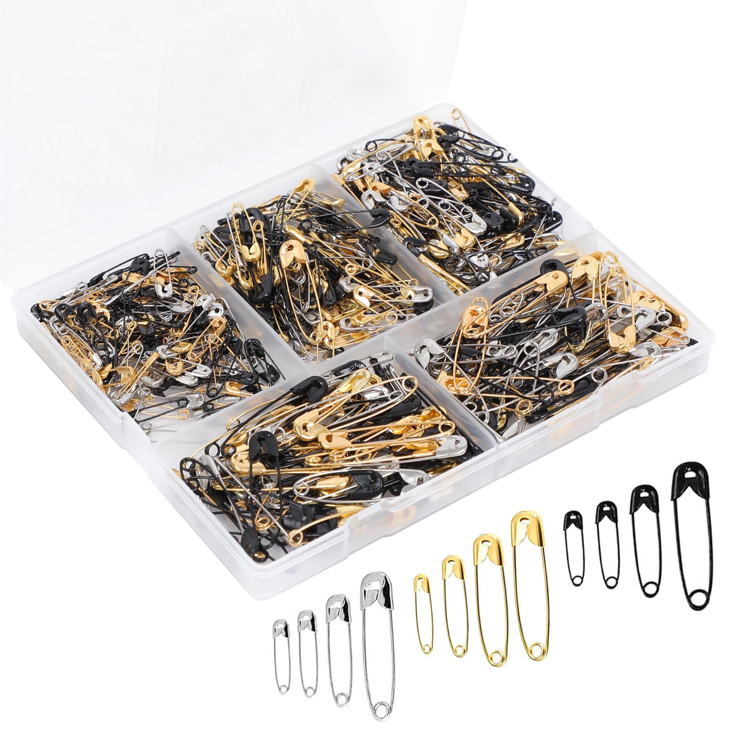 600 Pcs Safety Pins Assorted, 4 Sizes Large and Small Safety Pins for Clothes,Black Gold Silver Safety Pins Rust Resistant for Art,Crafts, Sewing and Jewelry Making