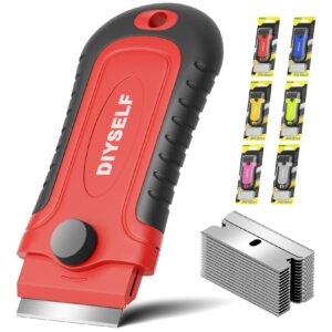 diyself 1 pack razor blade scraper with 15 extra blades, scraper tool for cleaning window, paint, cooktop, oven, glass stove top scraper, razor scraper with buit-in blade storage