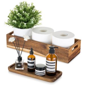 toilet tank basket wood bathroom: hanobe set of 2 wooden toilet paper basket topper with vanity tray back of toilet organizer acacia toiletry storage holder box