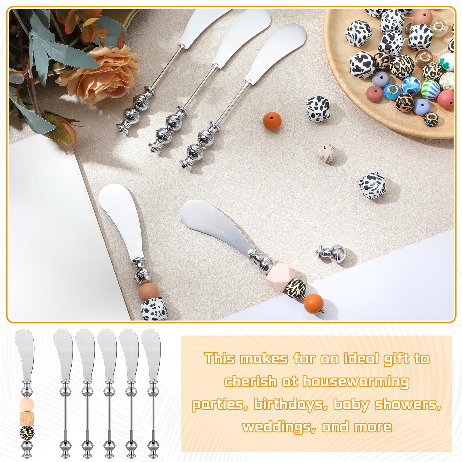 Lasnten 6 Pcs Cheese Spreader Knives DIY Decorative Beaded Butter Spreader Knives Stainless Steel Cheese Knives Butter Knives for Charcuterie Board Wedding Party Accessories