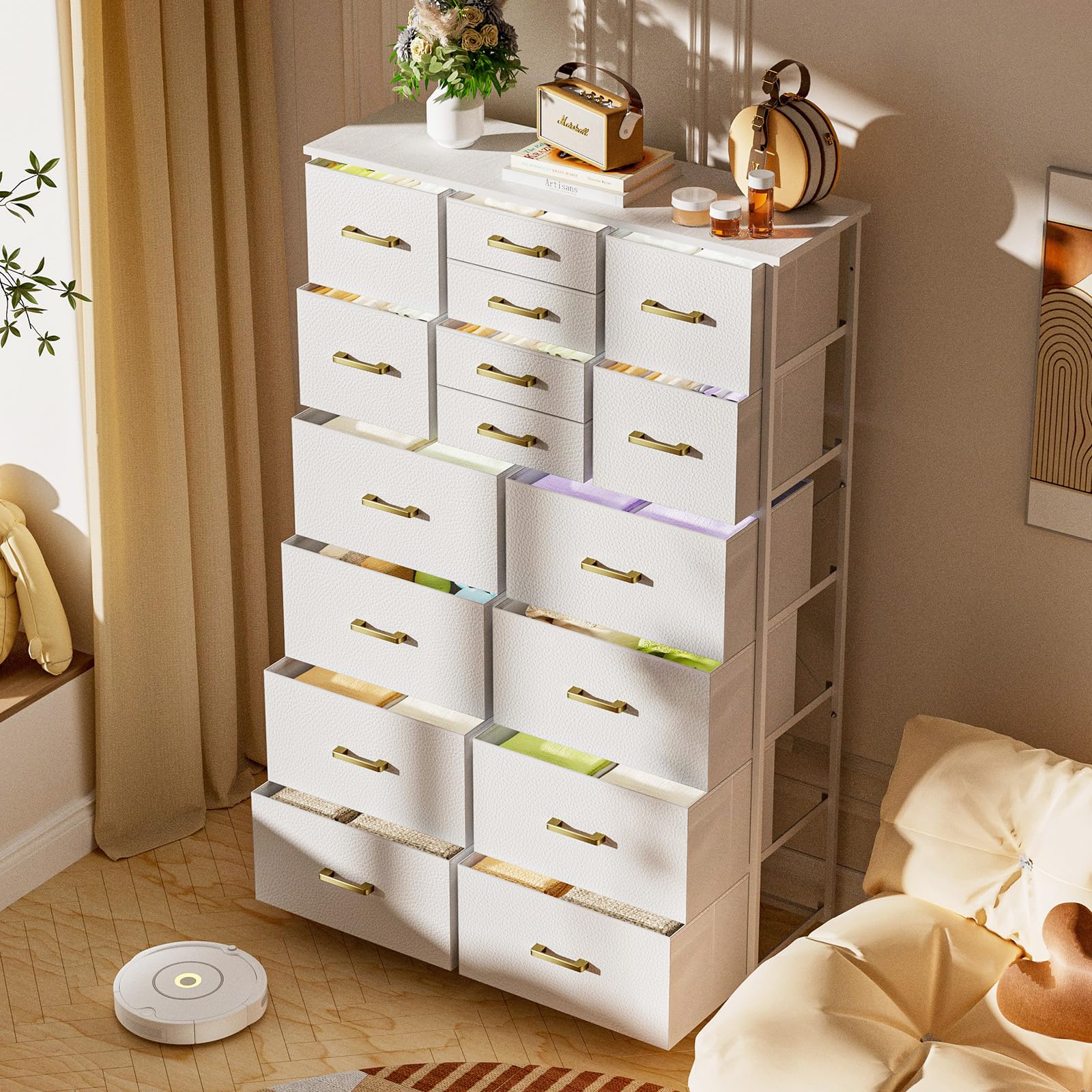 GipGiper 16 Drawers Dresser for Bedroom, Tall Dresser with Large Capacity Fabric Drawer Chest of Drawers for Closet, Living Room, Hallway, Kid Room, Leather Finish, Wood Top White