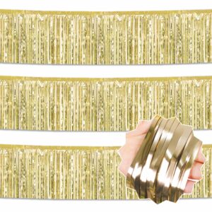 3 pack 10 ft light gold foil fringe garland metallic streamers tinsel banner wall hanging garland backdrop for parade floats, halloween, christmas, thanksgiving, new year party decorations