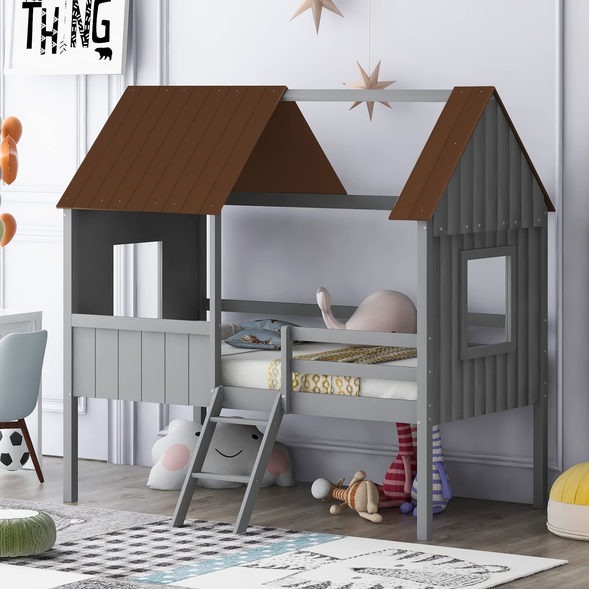 BOVZA Twin Size Low Loft Bed, Wood Kids House Bed with Two Side Windows and Roof for Kids Girls Boys, Gray+Brown